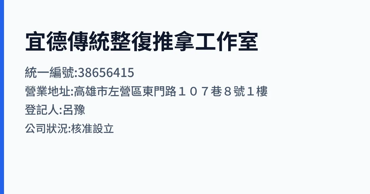 宜德傳統整復推拿工作室 - 統編 38656415(高雄市) 公司登記資料與營業項目詳細圖表