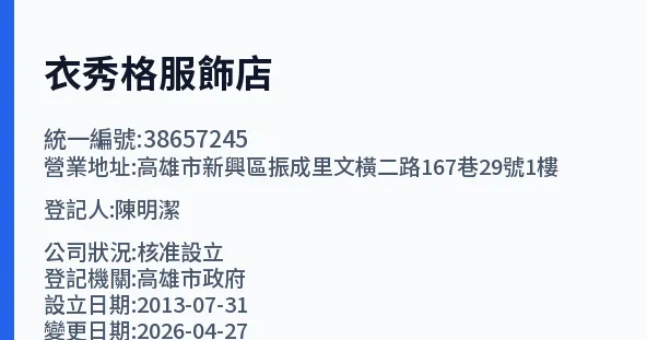 衣秀格服飾店的照片-統編 38657245(高雄市) 公司登記資料與營業項目詳細圖表