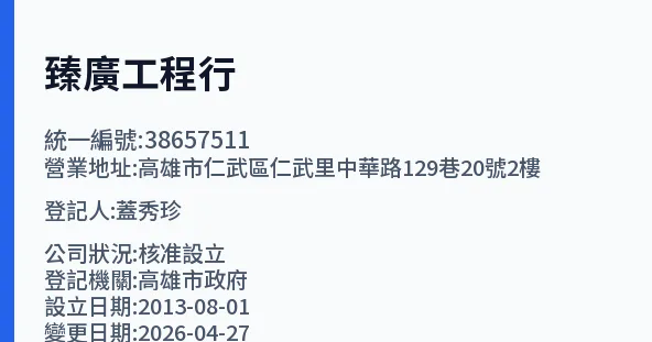 臻廣工程行的照片-統編 38657511(高雄市) 公司登記資料與營業項目詳細圖表