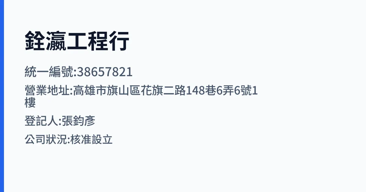 銓瀛工程行 - 統編 38657821(高雄市) 公司登記資料與營業項目詳細圖表