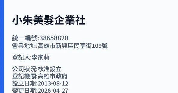 小朱美髮企業社的照片-統編 38658820(高雄市) 公司登記資料與營業項目詳細圖表