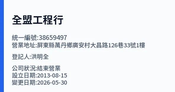 全盟工程行的照片-統編 38659497(屏東縣) 公司登記資料與營業項目詳細圖表