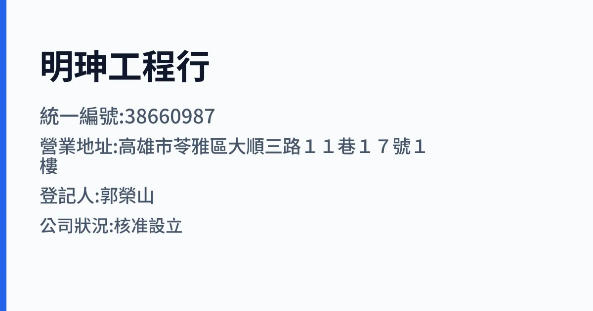 明珅工程行 - 統編 38660987(高雄市) 公司登記資料與營業項目詳細圖表