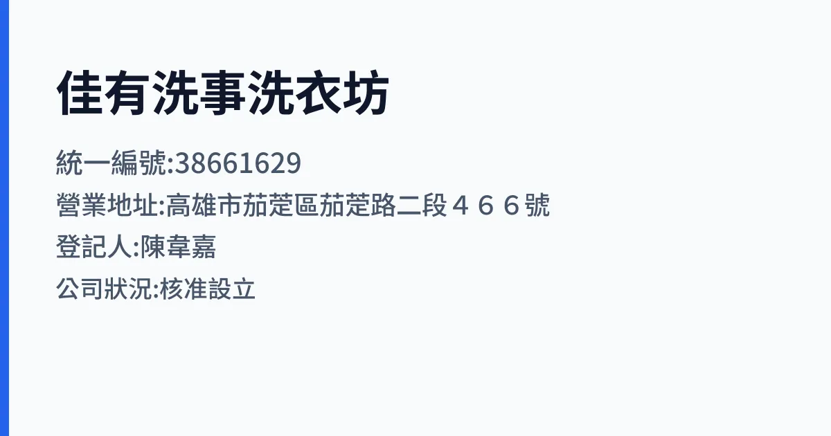 佳有洗事洗衣坊 - 統編 38661629(高雄市) 公司登記資料與營業項目詳細圖表