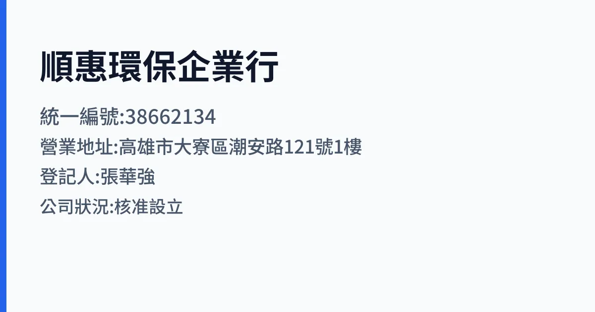 順惠環保企業行 - 統編 38662134(高雄市) 公司登記資料與營業項目詳細圖表
