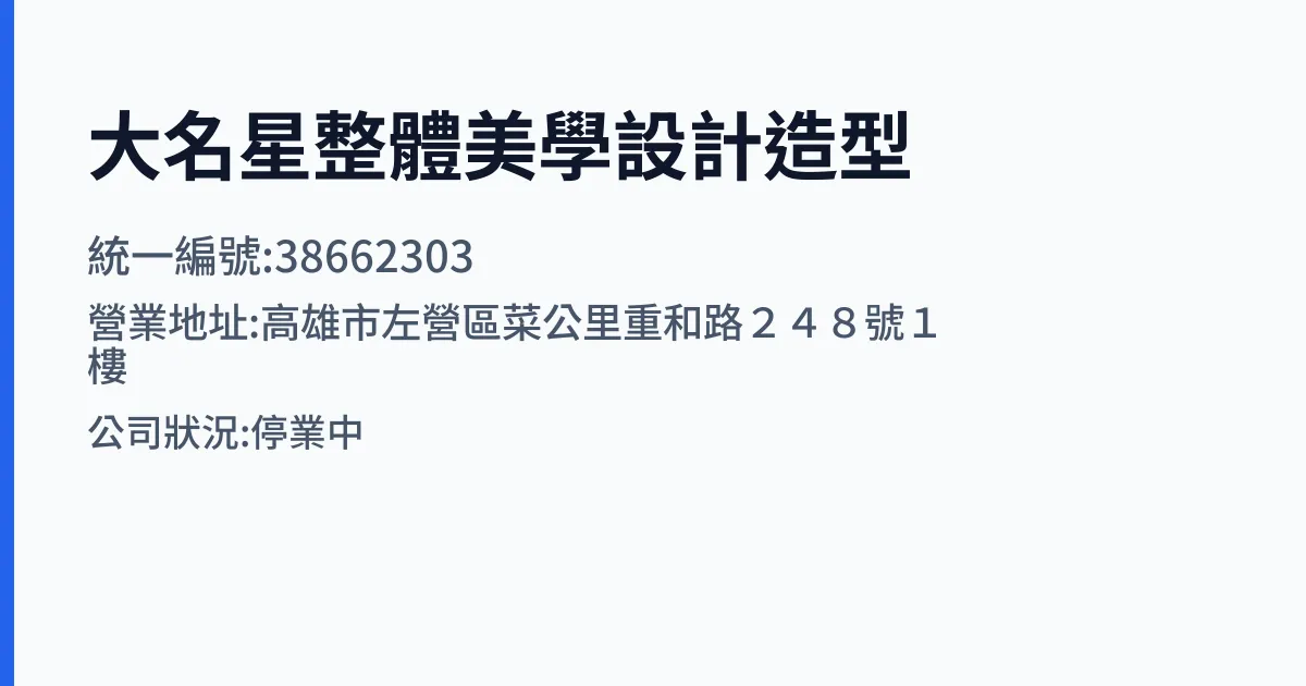 大名星整體美學設計造型 - 統編 38662303(高雄市) 公司登記資料與營業項目詳細圖表