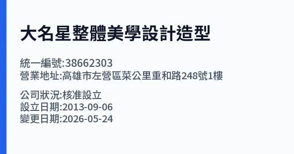 大名星整體美學設計造型的照片-統編 38662303(高雄市) 公司登記資料與營業項目詳細圖表