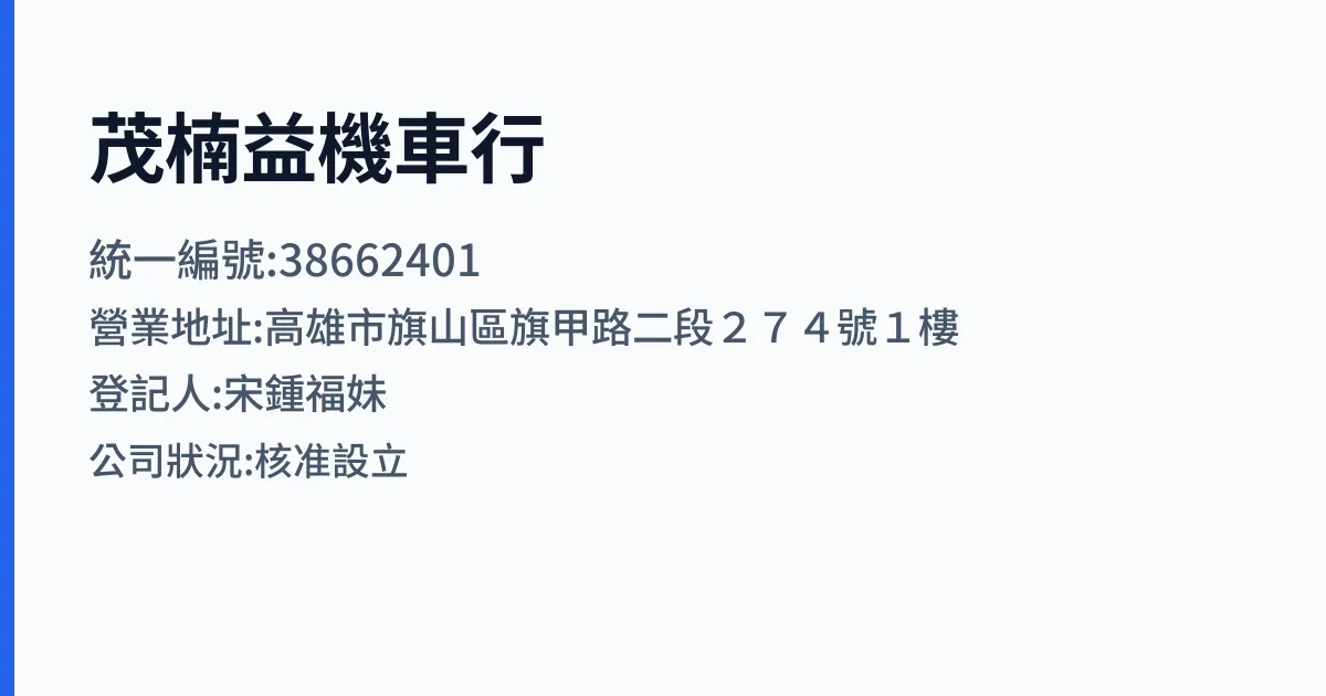 茂楠益機車行 - 統編 38662401（高雄市） 公司登記資料與營業項目詳細圖表