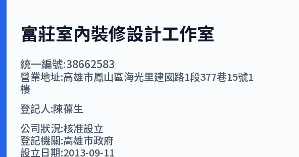 富莊室內裝修設計工作室的照片-統編 38662583(高雄市) 公司登記資料與營業項目詳細圖表