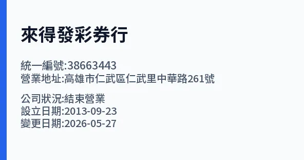 來得發彩券行的照片-統編 38663443(高雄市) 公司登記資料與營業項目詳細圖表