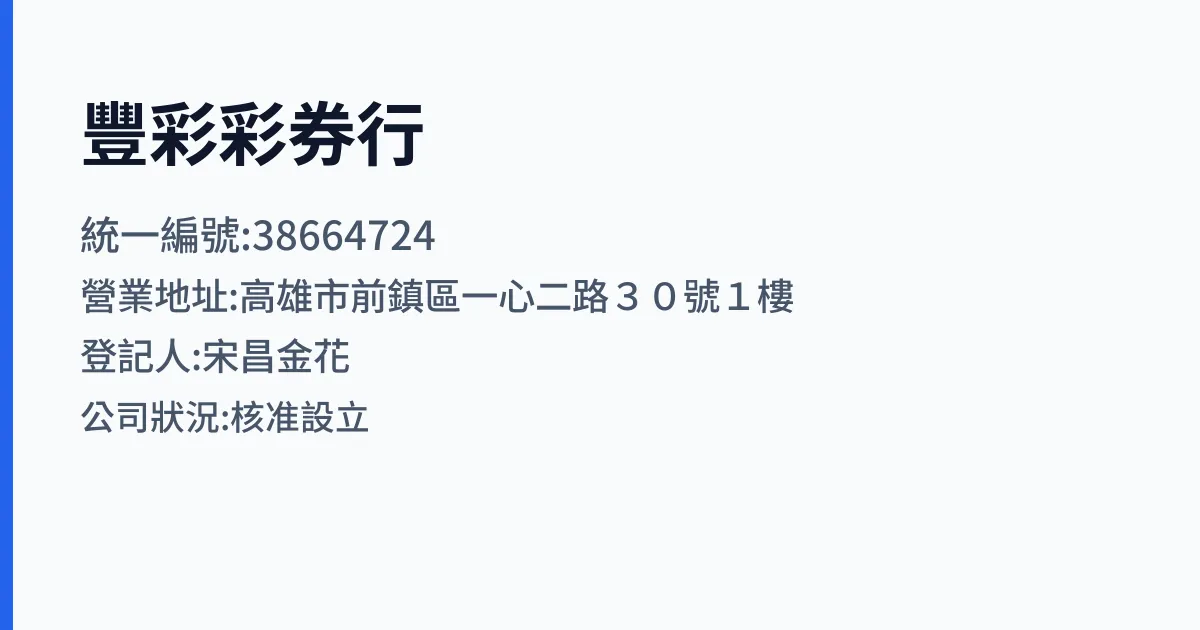 豐彩彩券行 - 統編 38664724(高雄市) 公司登記資料與營業項目詳細圖表
