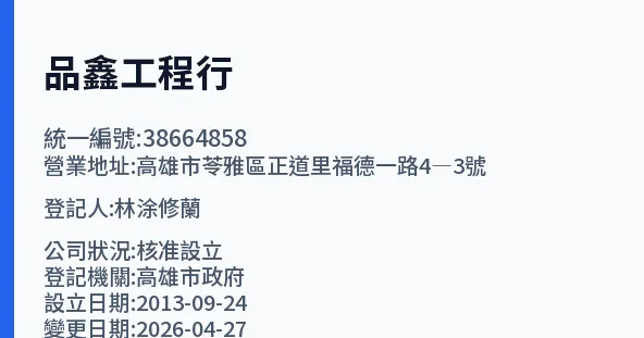 品鑫工程行的照片-統編 38664858(高雄市) 公司登記資料與營業項目詳細圖表