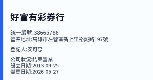好富有彩券行的照片-統編 38665786(高雄市) 公司登記資料與營業項目詳細圖表