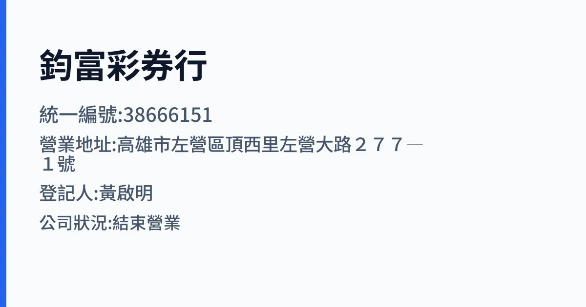 鈞富彩券行 - 統編 38666151(高雄市) 公司登記資料與營業項目詳細圖表