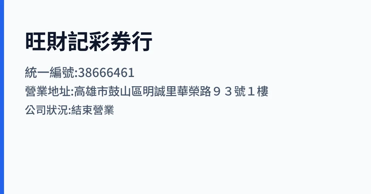 旺財記彩券行 - 統編 38666461(高雄市) 公司登記資料與營業項目詳細圖表