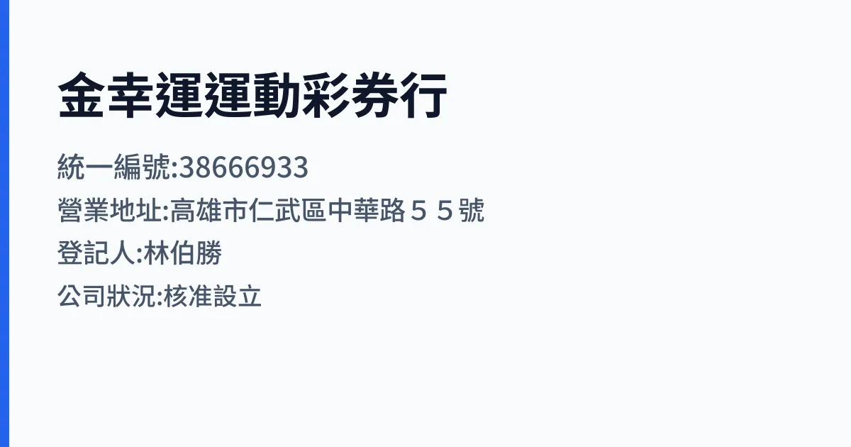 金幸運運動彩券行 - 統編 38666933(高雄市) 公司登記資料與營業項目詳細圖表