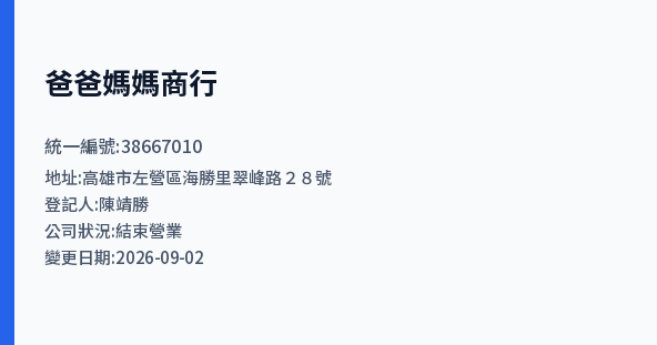 爸爸媽媽商行的照片-統編 38667010(高雄市) 公司登記資料與營業項目詳細圖表