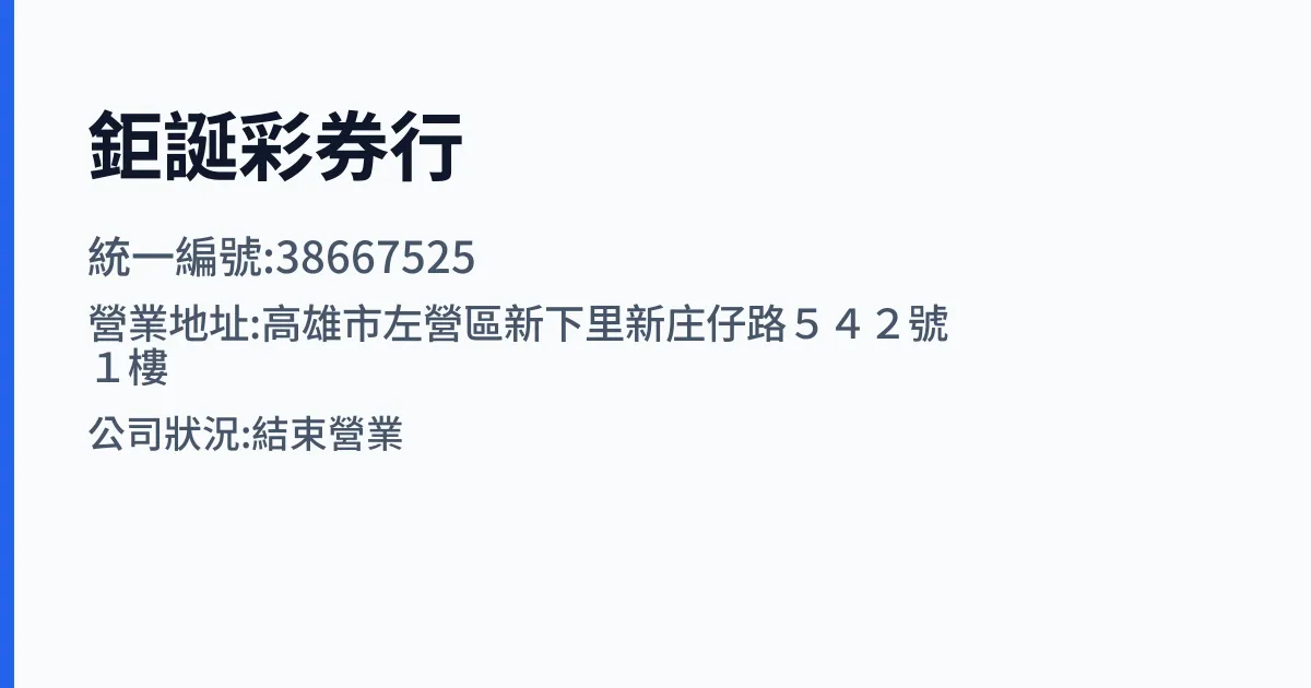 鉅誕彩券行 - 統編 38667525(高雄市) 公司登記資料與營業項目詳細圖表