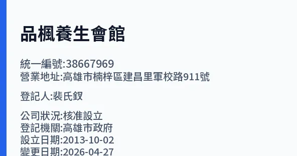 品楓養生會館的照片-統編 38667969(高雄市) 公司登記資料與營業項目詳細圖表