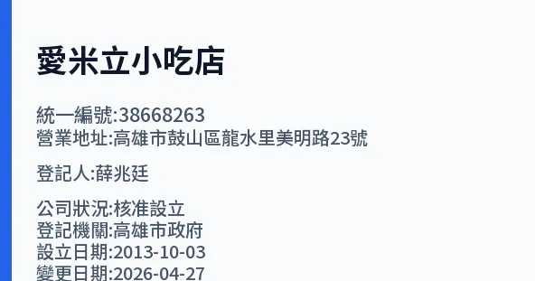 愛米立小吃店的照片-統編 38668263(高雄市) 公司登記資料與營業項目詳細圖表