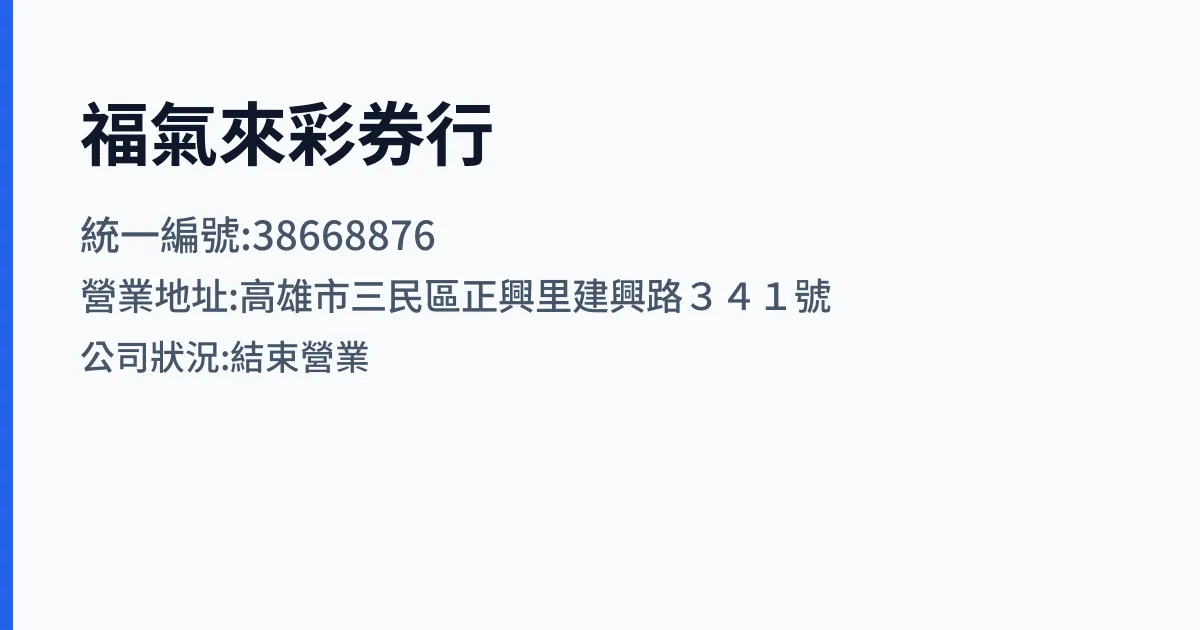 福氣來彩券行 - 統編 38668876(高雄市) 公司登記資料與營業項目詳細圖表