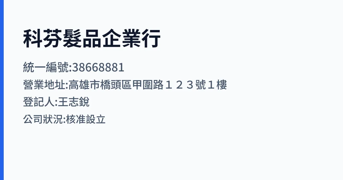 科芬髮品企業行 - 統編 38668881（高雄市） 公司登記資料與營業項目詳細圖表
