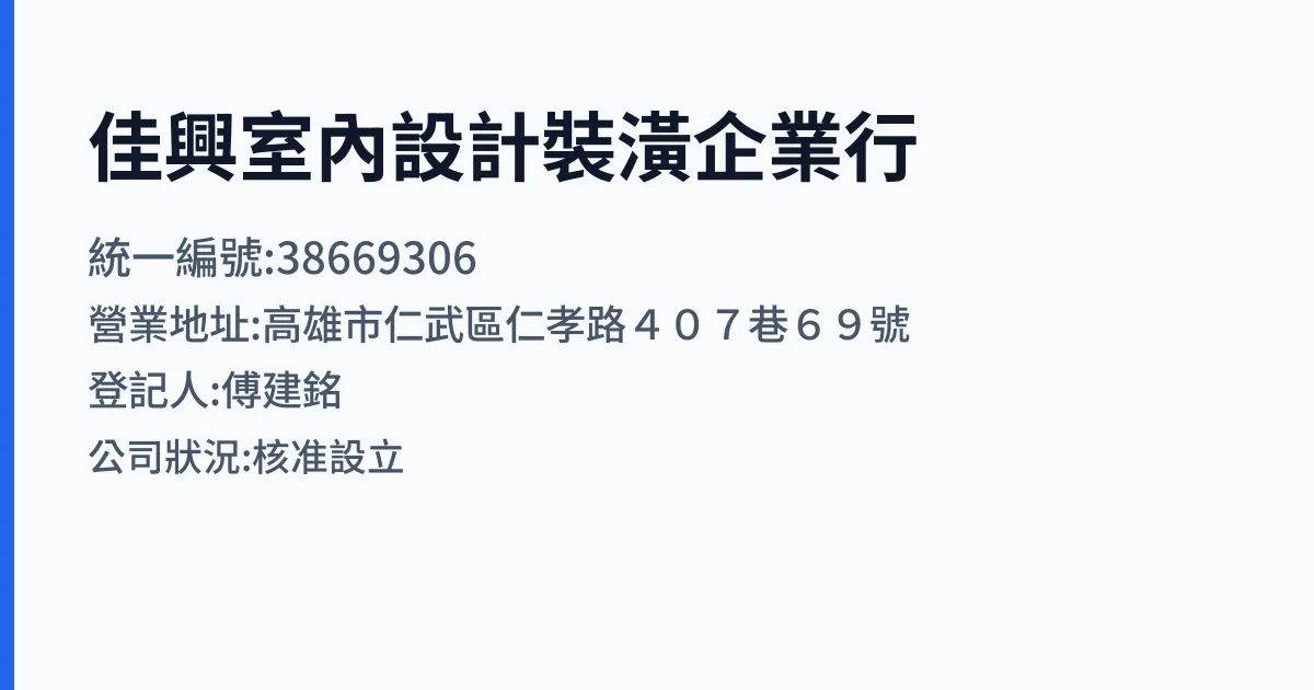 佳興室內設計裝潢企業行 - 統編 38669306(高雄市) 公司登記資料與營業項目詳細圖表