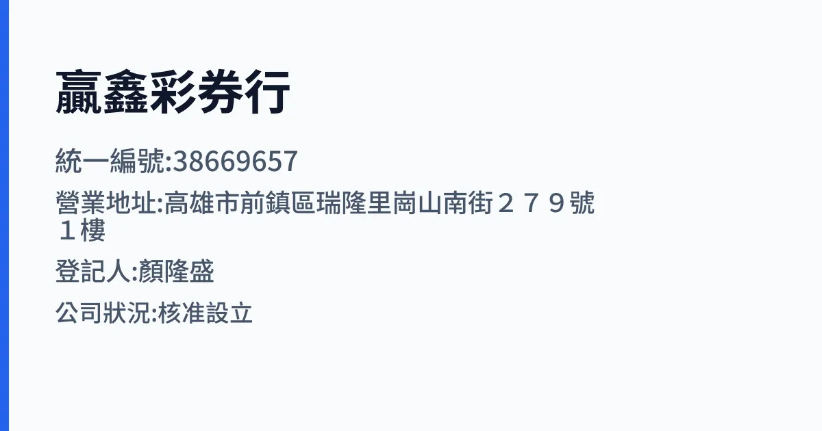 贏鑫彩券行 - 統編 38669657(高雄市) 公司登記資料與營業項目詳細圖表