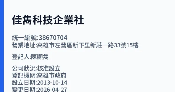 佳雋科技企業社的照片-統編 38670704(高雄市) 公司登記資料與營業項目詳細圖表