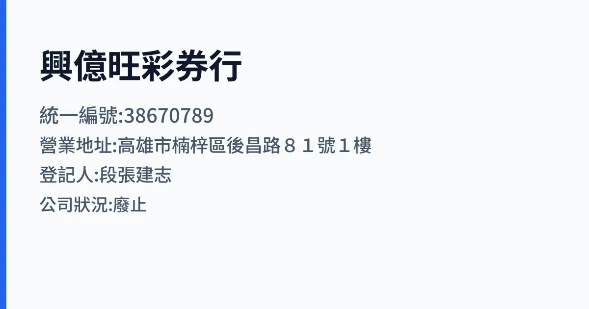 興億旺彩券行 - 統編 38670789(高雄市) 公司登記資料與營業項目詳細圖表