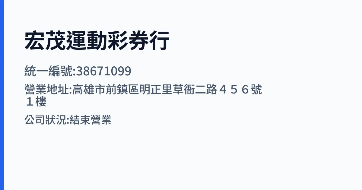 宏茂運動彩券行 - 統編 38671099(高雄市) 公司登記資料與營業項目詳細圖表