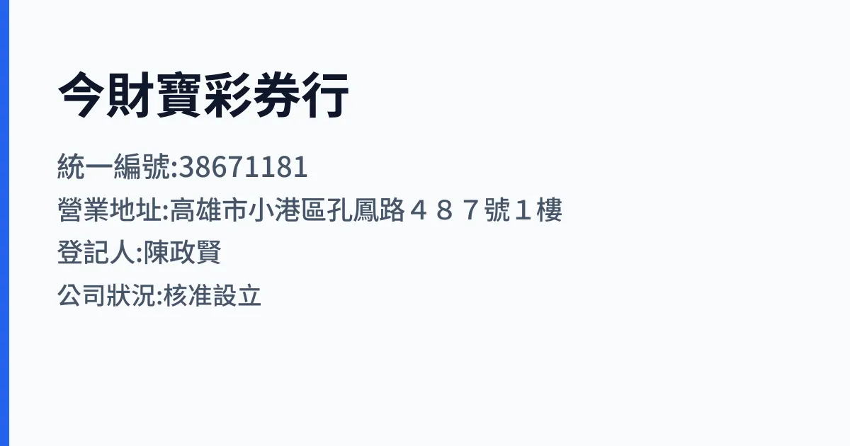 今財寶彩券行 - 統編 38671181(高雄市) 公司登記資料與營業項目詳細圖表