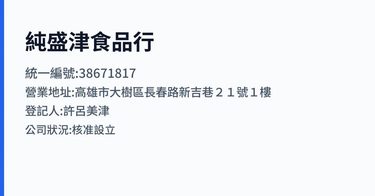 純盛津食品行 - 統編 38671817(高雄市) 公司登記資料與營業項目詳細圖表