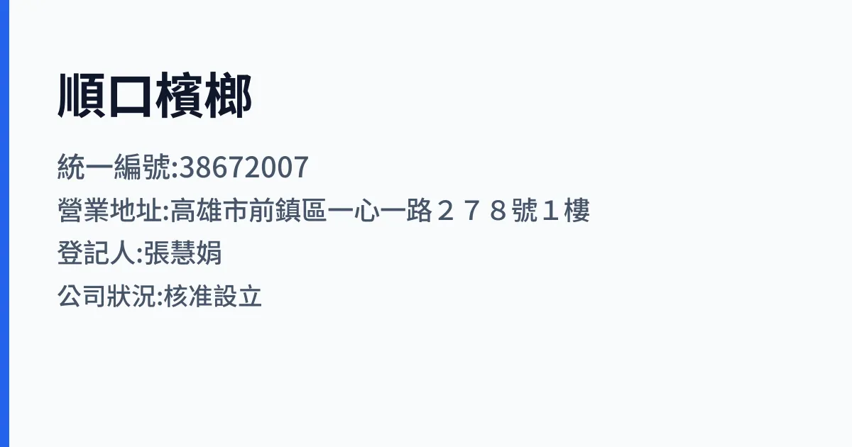 順口檳榔 - 統編 38672007(高雄市) 公司登記資料與營業項目詳細圖表