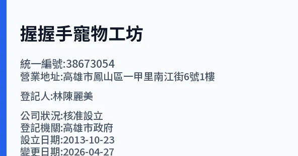 握握手寵物工坊的照片-統編 38673054(高雄市) 公司登記資料與營業項目詳細圖表