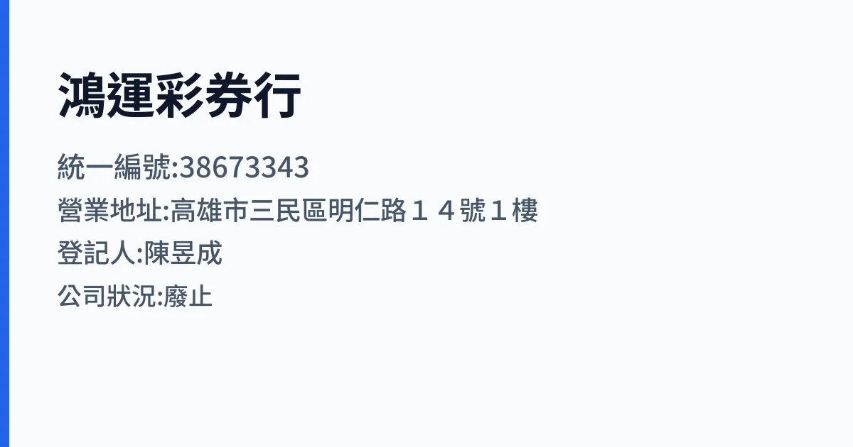 鴻運彩券行 - 統編 38673343(高雄市) 公司登記資料與營業項目詳細圖表