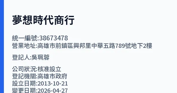 夢想時代商行的照片-統編 38673478(高雄市) 公司登記資料與營業項目詳細圖表