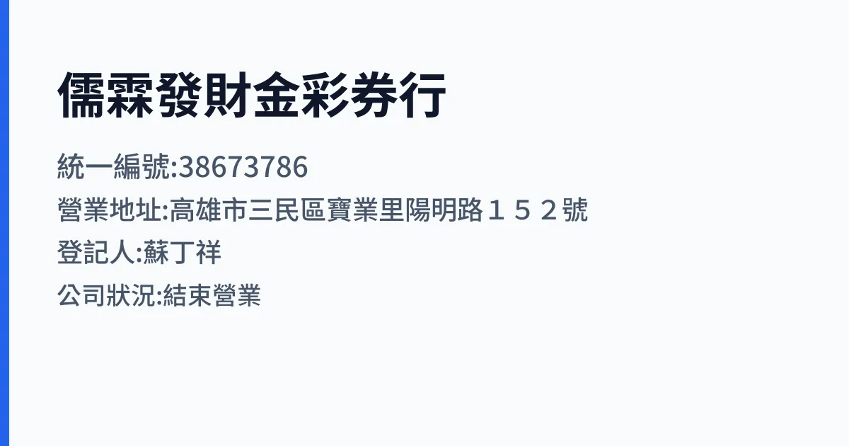 儒霖發財金彩券行 - 統編 38673786(高雄市) 公司登記資料與營業項目詳細圖表