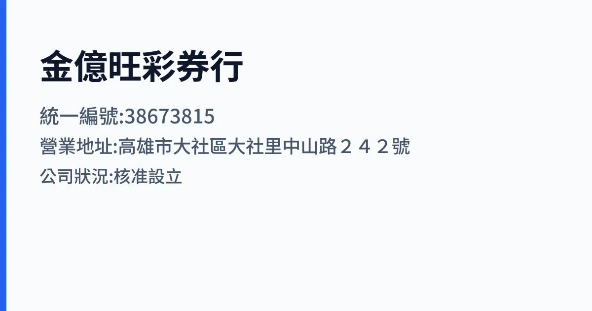 金億旺彩券行 - 統編 38673815(高雄市) 公司登記資料與營業項目詳細圖表