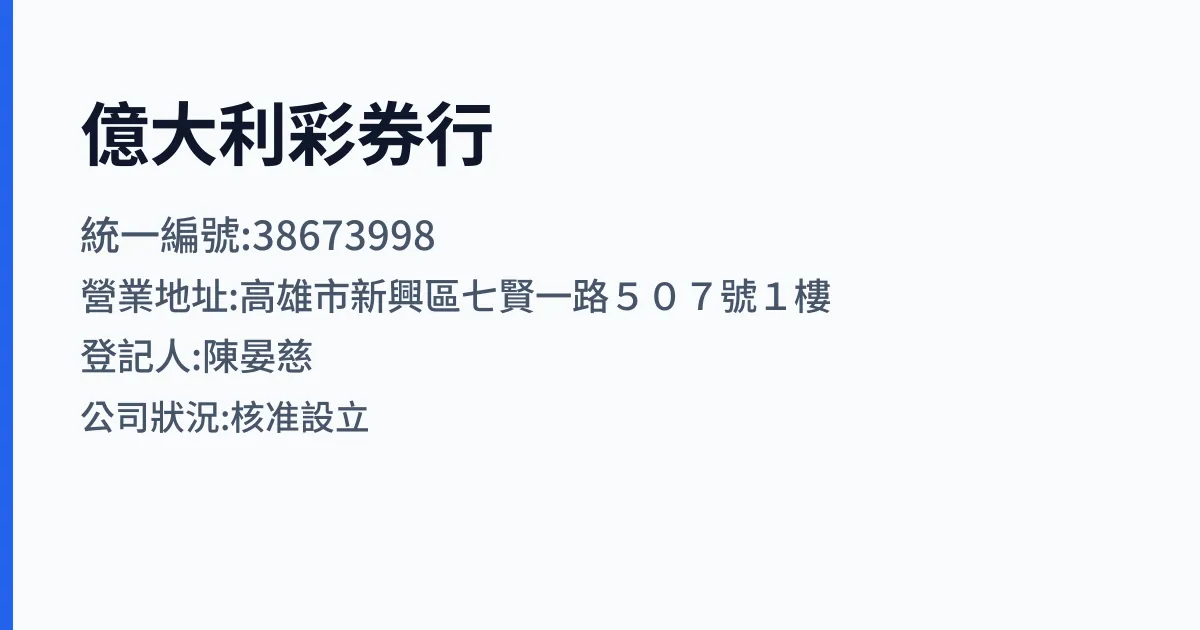 億大利彩券行 - 統編 38673998(高雄市) 公司登記資料與營業項目詳細圖表