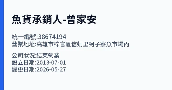 魚貨承銷人-曾家安的照片-統編 38674194(高雄市) 公司登記資料與營業項目詳細圖表