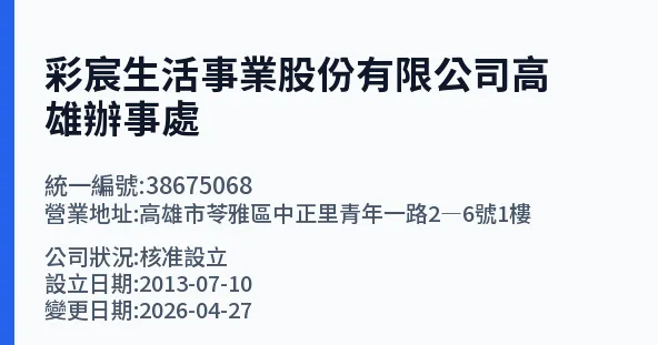 彩宸生活事業股份有限公司高雄辦事處的照片-統編 38675068(高雄市) 公司登記資料與營業項目詳細圖表