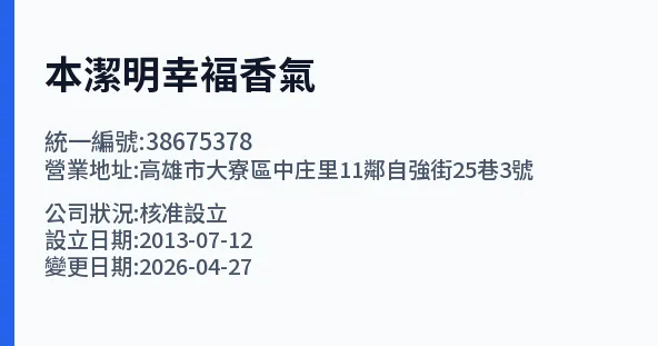 本潔明幸褔香氣的照片-統編 38675378(高雄市) 公司登記資料與營業項目詳細圖表