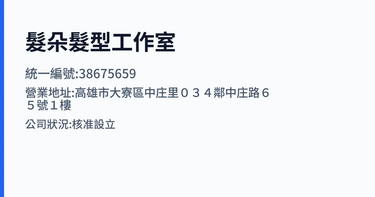 髮朵髮型工作室 - 統編 38675659（高雄市） 公司登記資料與營業項目詳細圖表