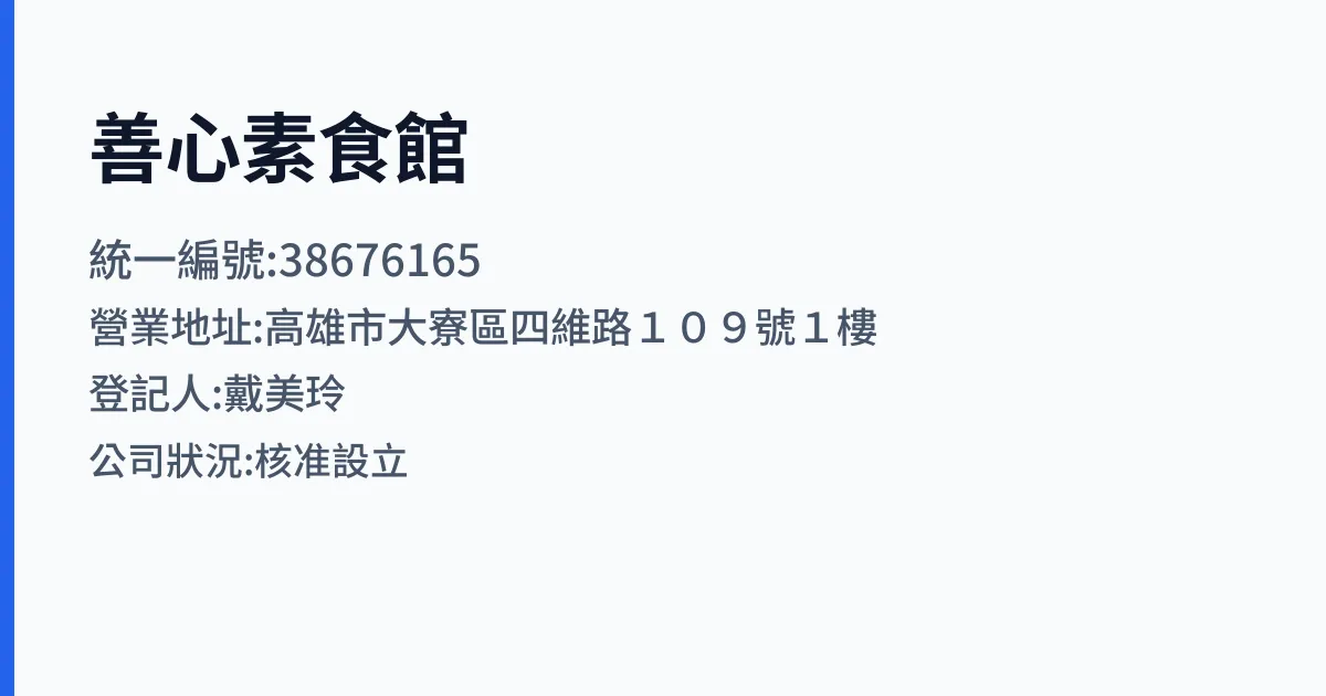 善心素食館 - 統編 38676165(高雄市) 公司登記資料與營業項目詳細圖表