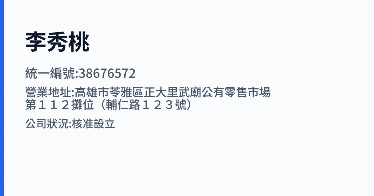 李秀桃 - 統編 38676572（高雄市） 公司登記資料與營業項目詳細圖表