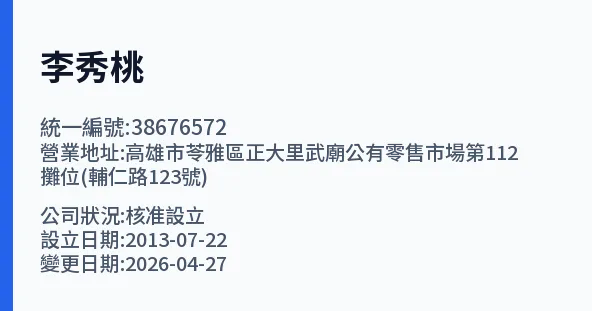 李秀桃的照片-統編 38676572(高雄市) 公司登記資料與營業項目詳細圖表