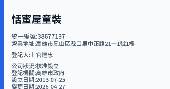 恬蜜屋童裝的照片-統編 38677137(高雄市) 公司登記資料與營業項目詳細圖表