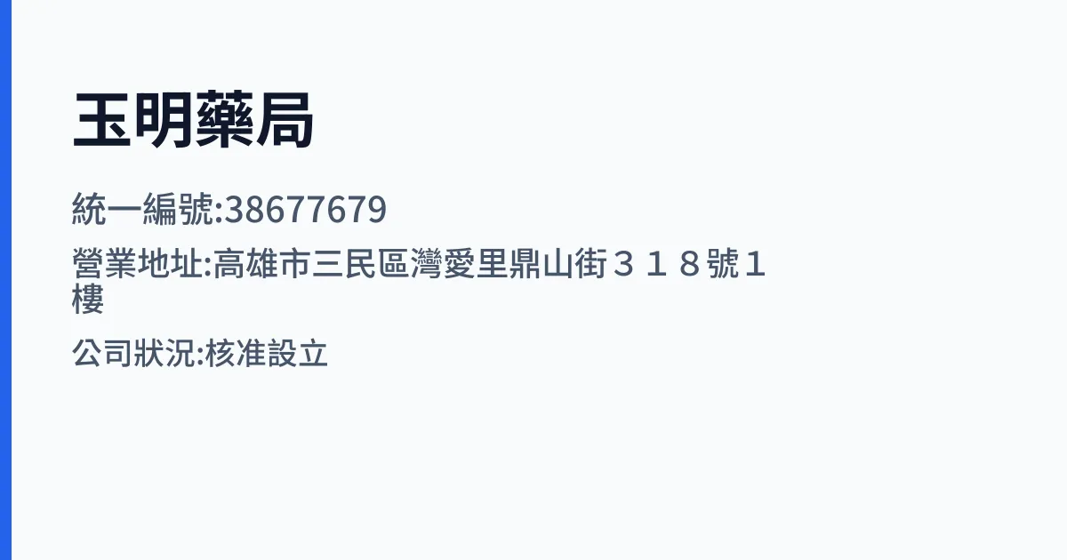 玉明藥局 - 統編 38677679(高雄市) 公司登記資料與營業項目詳細圖表