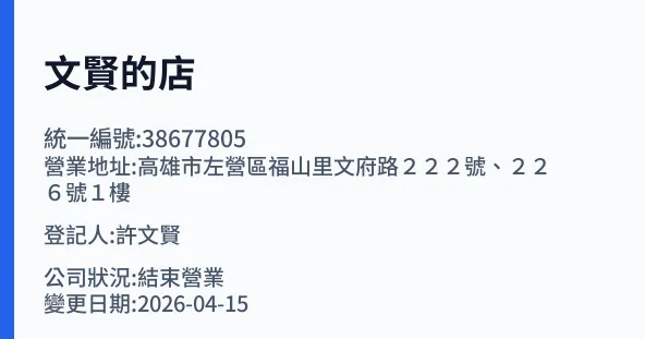 文賢的店的照片-統編 38677805(高雄市) 公司登記資料與營業項目詳細圖表
